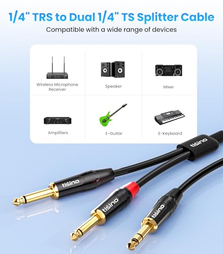 tisino 1/4 inch TRS Stereo to Dual 1/4 inch TS Mono Insert Cable Y-Splitter Stereo Breakout Cable Patch Cord - 3.3 feet