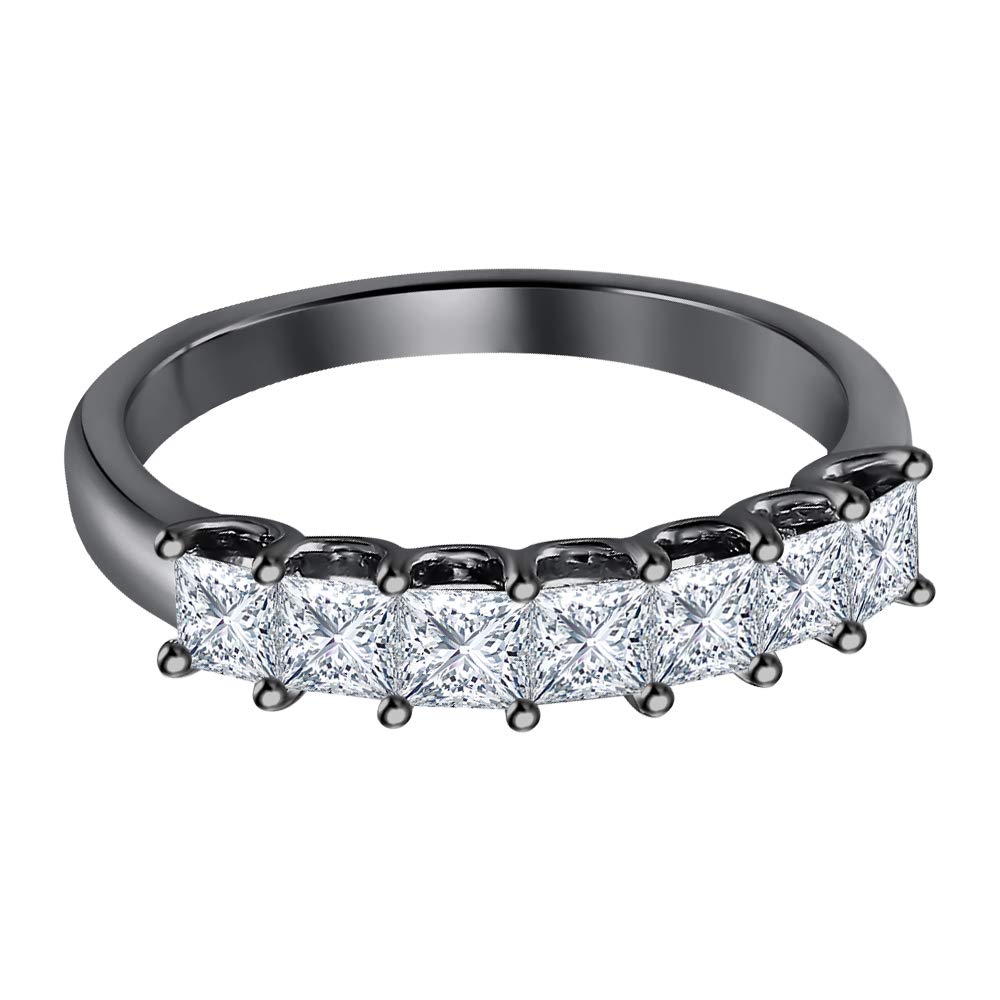 tusakha 1.50ctw Princess Cut White CZ Diamond Seven Stone Half Eternity 14k Black Gold Plated Wedding Band Ring For Womens.
