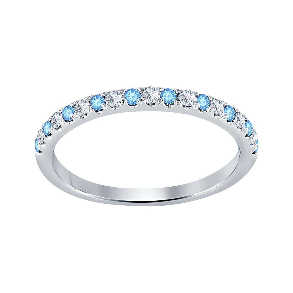 tusakha Round Cut Blue Topaz & Diamond Half Eternity 18k White Gold Over .925 Sterling Silver Wedding Engagement Band Ring for Women