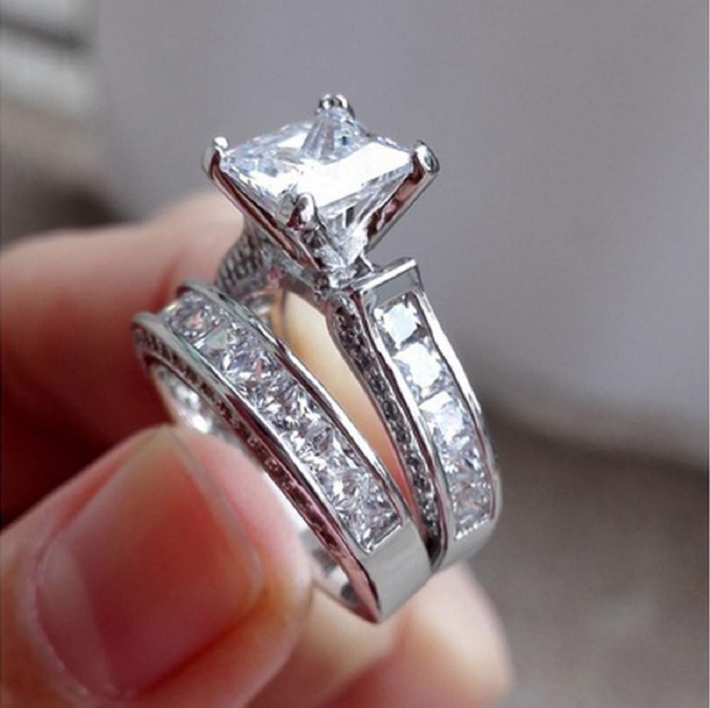 Zhiwen Lovely Ring -2-in-1 Womens Vintage Princess Cut Topaz Cz 10KT White Gold Filled White Diamond Silver Engagement Wedding Band Ring Set Size6-10 (US code 7)
