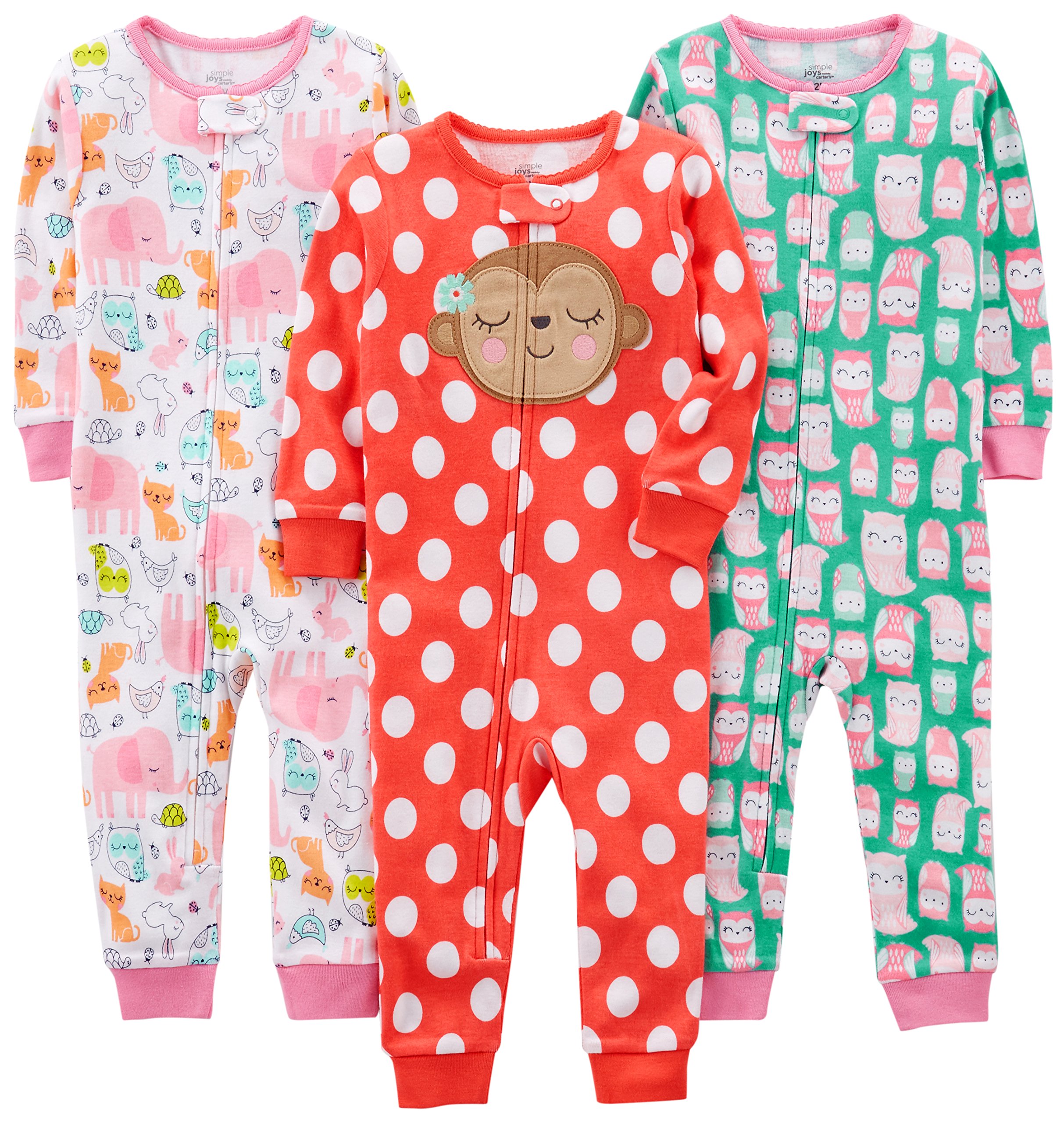 Simple Joys by Carter's Girls' 3-Pack Snug Fit Footless Cotton Pajamas, Green Owl/Orange Polka Dot/White Forest Animals, 3T