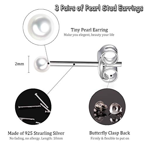 Sterling Silver Stud Earrings for Women- 3 Pairs of 2mm Tiny Pearl Earrings Set Cartilage Small Tragus Earrings Nose Lip Rings, Silver
