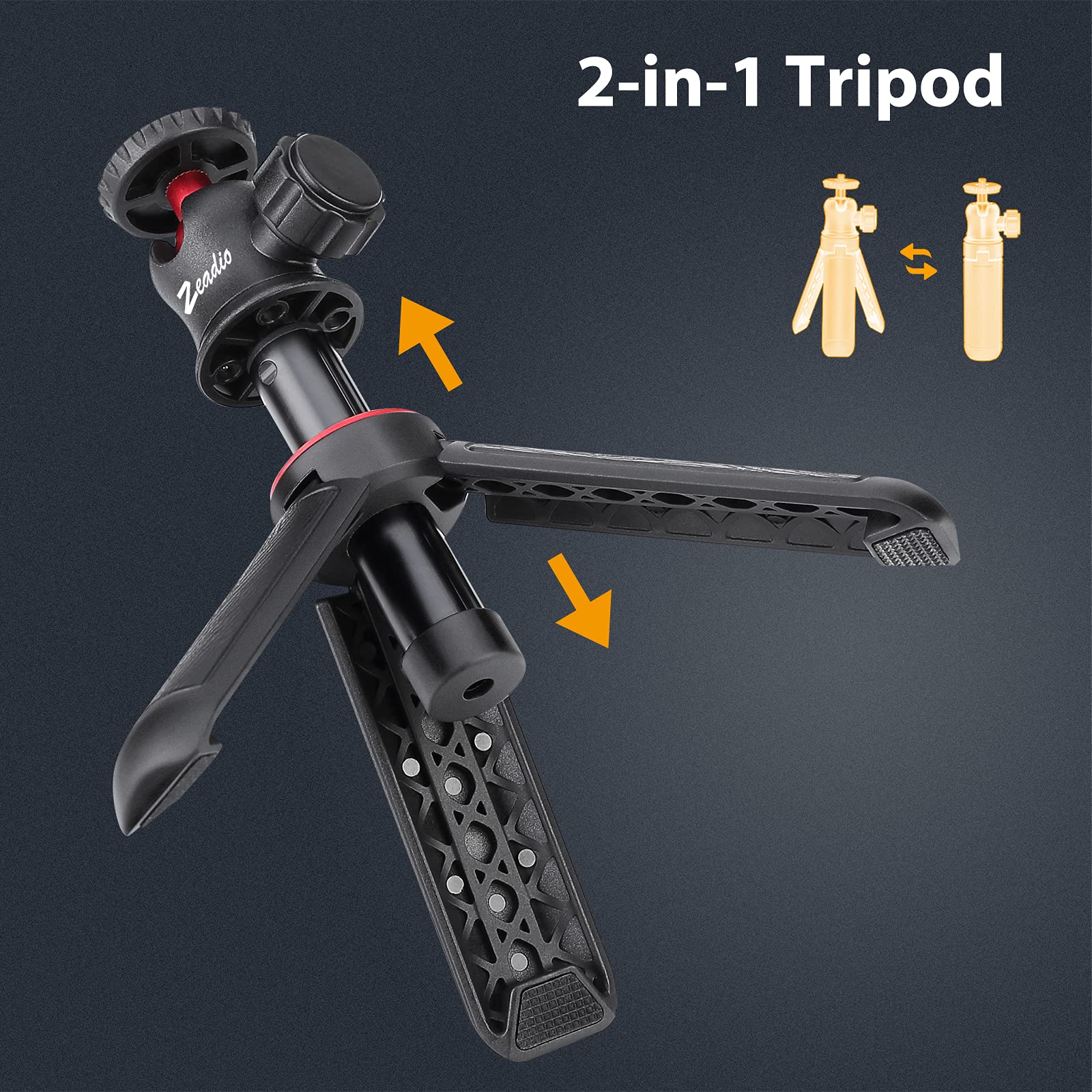 Zeadio Flexible Mini Tripod, 3 Section Adjustable Height Compact Tripod Integrated Metal Ball Head Mount for Action Camera Smartphones with 1/4" Thread Hole