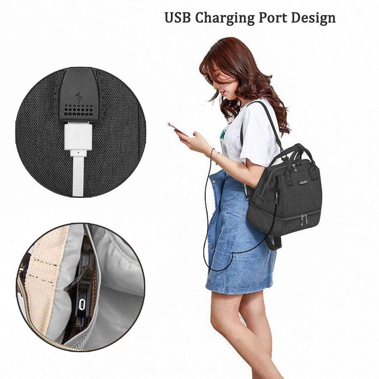 Viedouce Mini Insulated Lunch Bag Backpack, Picnic Handbag for Travel,Waterproof Oxford Insulated Bag with USB Charging Port and 2 Adjustable Strap,Camping Bag Elegant Compact(Small Size)