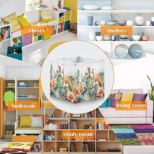 Vnurnrn Cactus Painting Collapsible Cube Storage Bins, Storage Box with Support Board, Foldable Fabric Baskets for Shelf Closet Cabinet