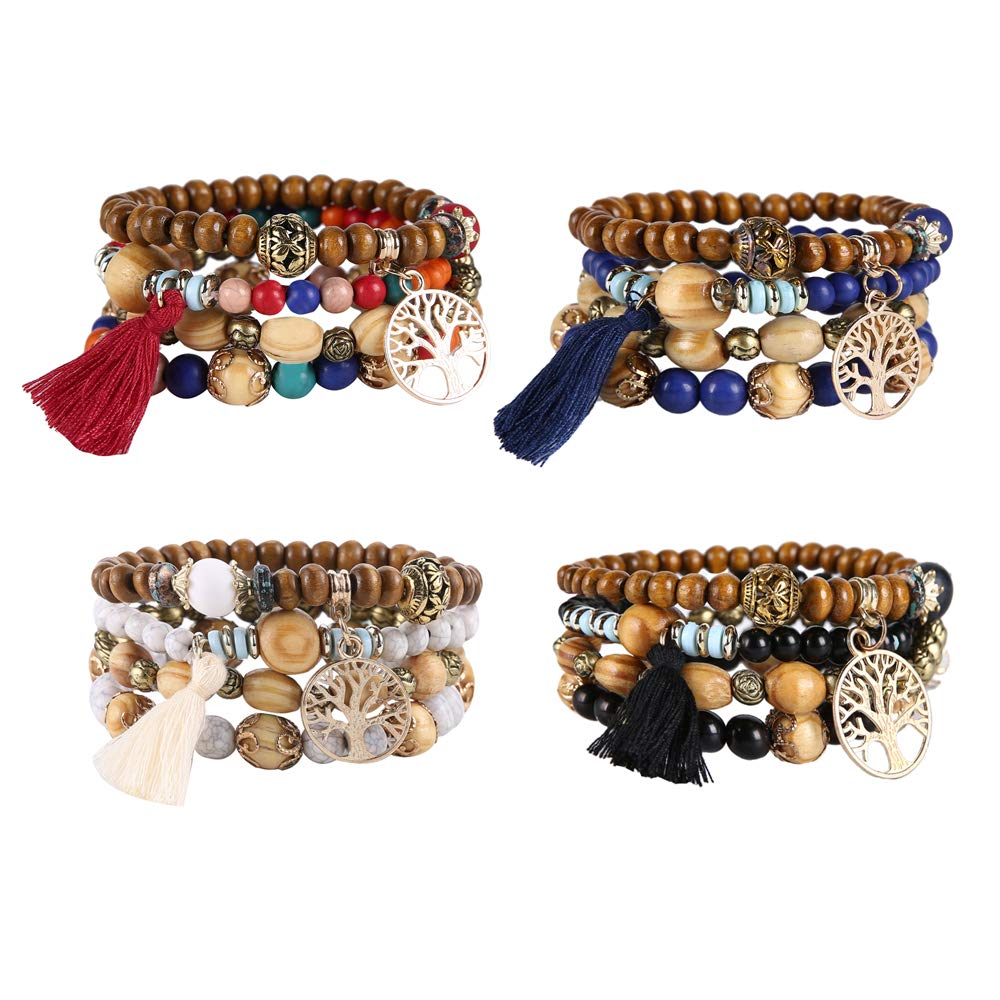 Twinfree Bohemian Stackable Bracelets Set for Women Boho Stretch Multilayer Colorful Stack Beads Bracelet 4 Pack