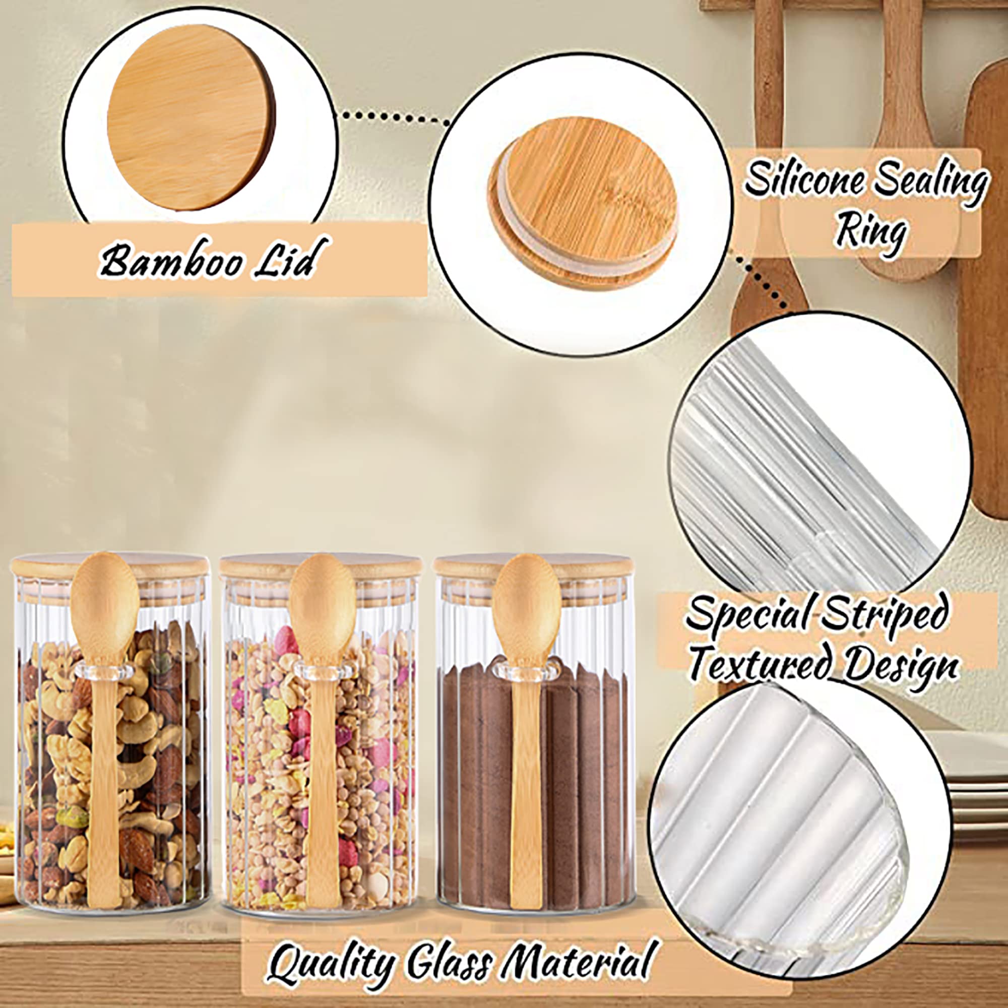 Steviieden 25 FL OZ Large Airtight Glass Jars with Bamboo Spoons Lids Overnight Oats Container Decorative Coffee Bar Food Storage Jar Cereal Nuts Salts Coffee Tea Flour Sugar Container Spice Jars