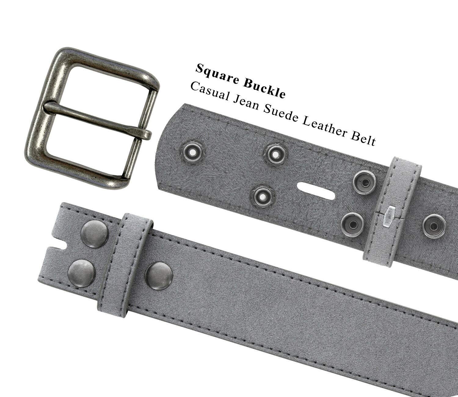 Square Buckle Casual Jean Suede Leather Belt 1 1/2" Wide (Gray, 34)