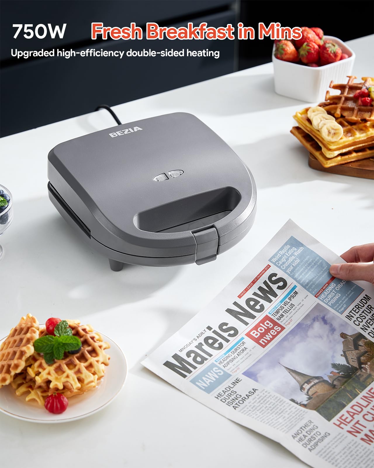 Waffle Maker Double, Waffle Iron Machine Non-Stick Extra Large, Breakfast Stuffed 2-Slice Belgian, Electric Fast Heat Up, Snack, Gray 750W BEZIA