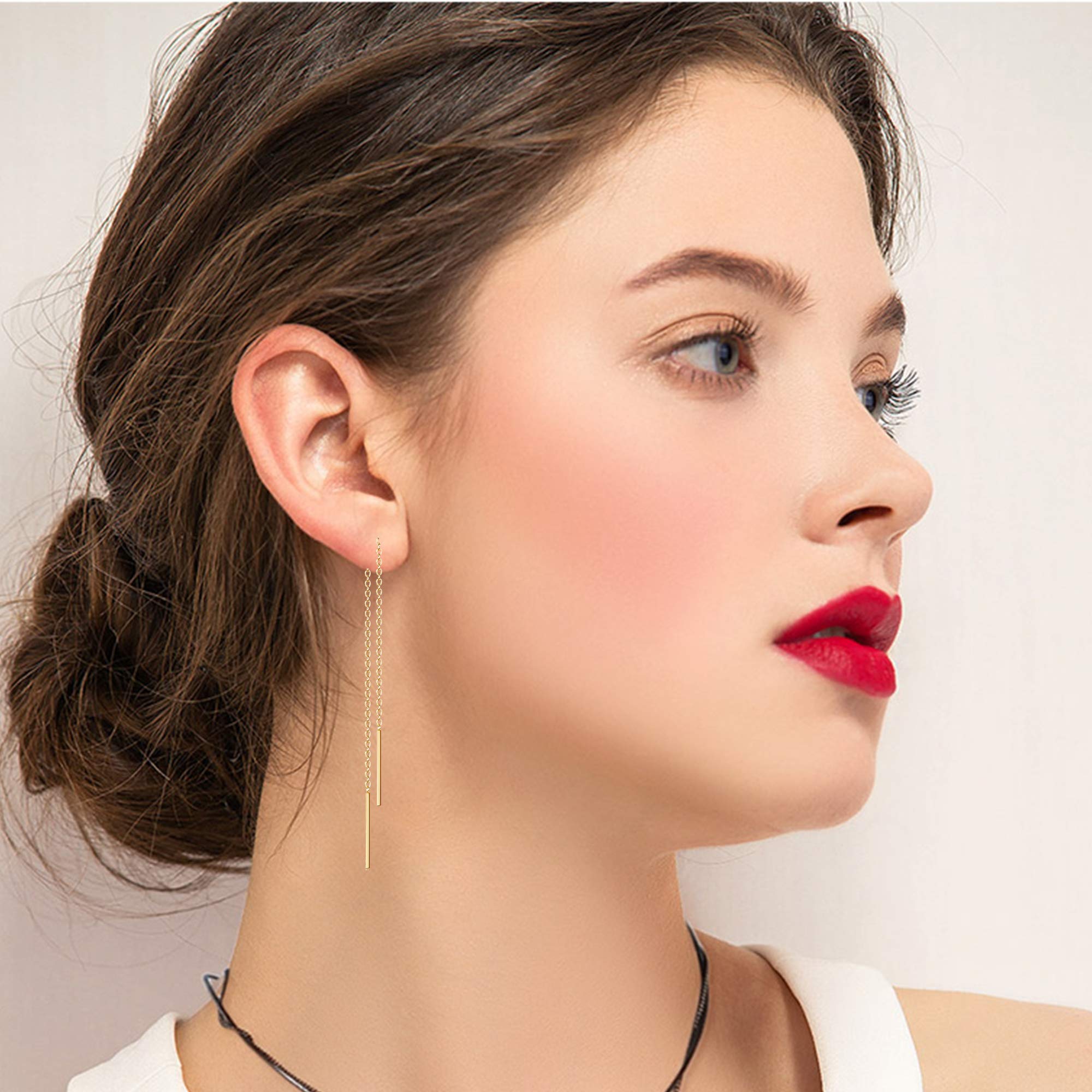 Thunaraz Stainless Steel Tassel Threader Dangle Drop Earrings for women lightweight Silver Tone