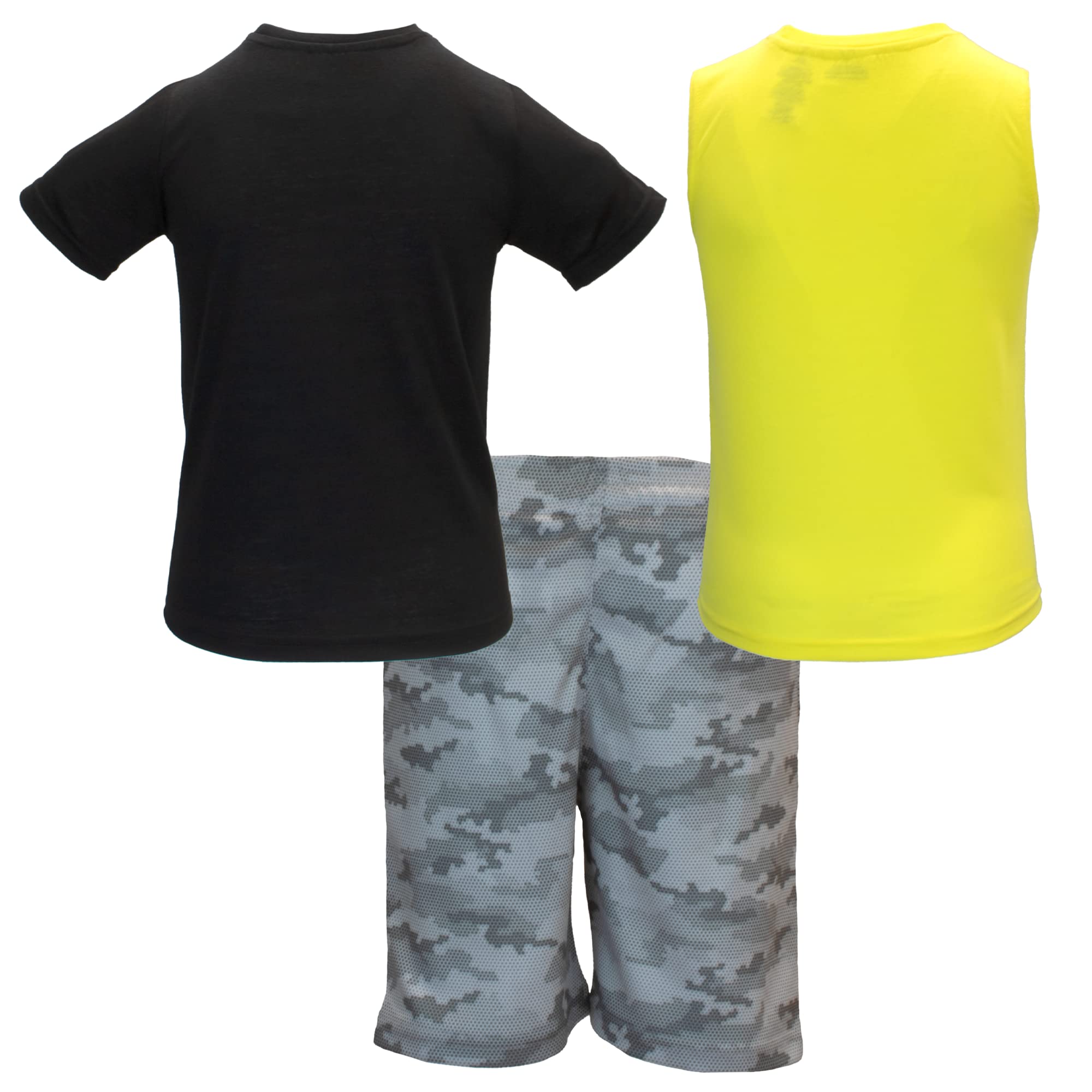 Warner Bros. Batman, The Flash, Justice League Boys Superhero Short Sleeve T-Shirt, Tank Top and Mesh Shorts Set (Batman Black/Yellow 2, 8)