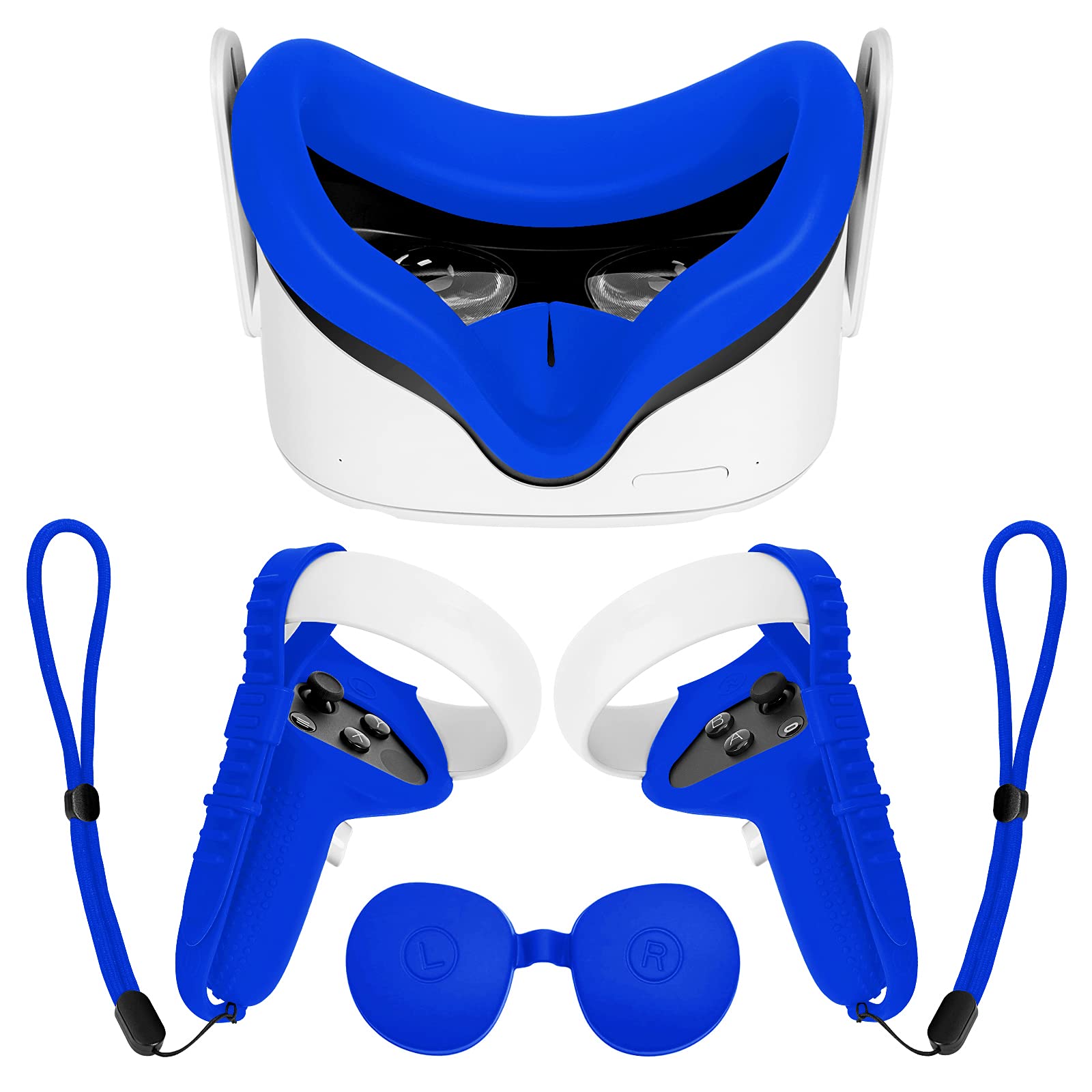 TOMSIN Touch Controller Grip Cover with Silicone Face Cover, Protective Lens Cover, Silicone Handle Strap for Oculus Quest 2, Sweatproof Lightproof Anti-Throw Accessories Set (Blue)