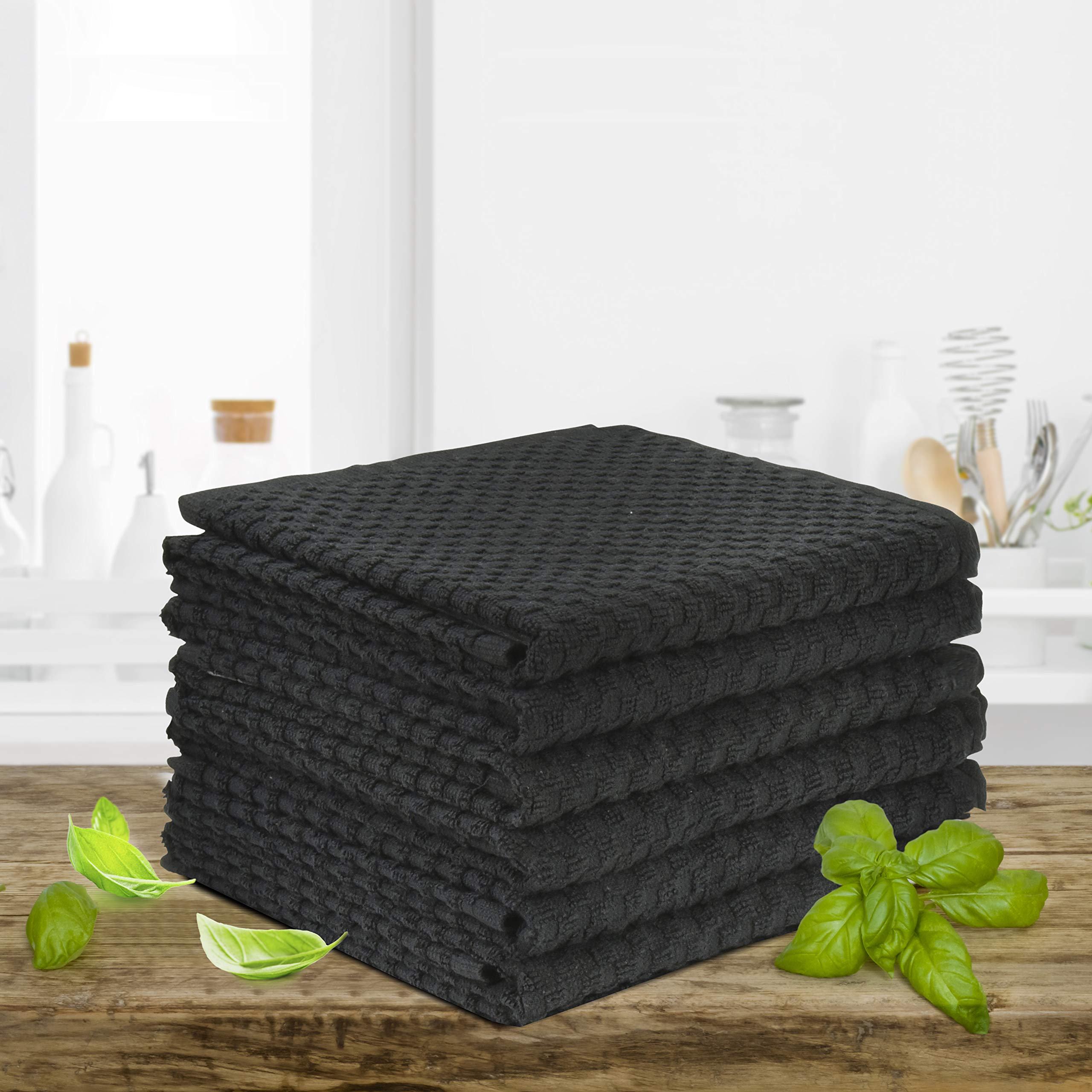 TALVANIA Kitchen Towels 100% Cotton Dobby Weave Terry Towel Set, 15" X 25", 6 Pack Soft and Absorbent Multipurpose Dish Cloth, Hand Towel and All Kitchen Cleaning Machine Washable (Black)