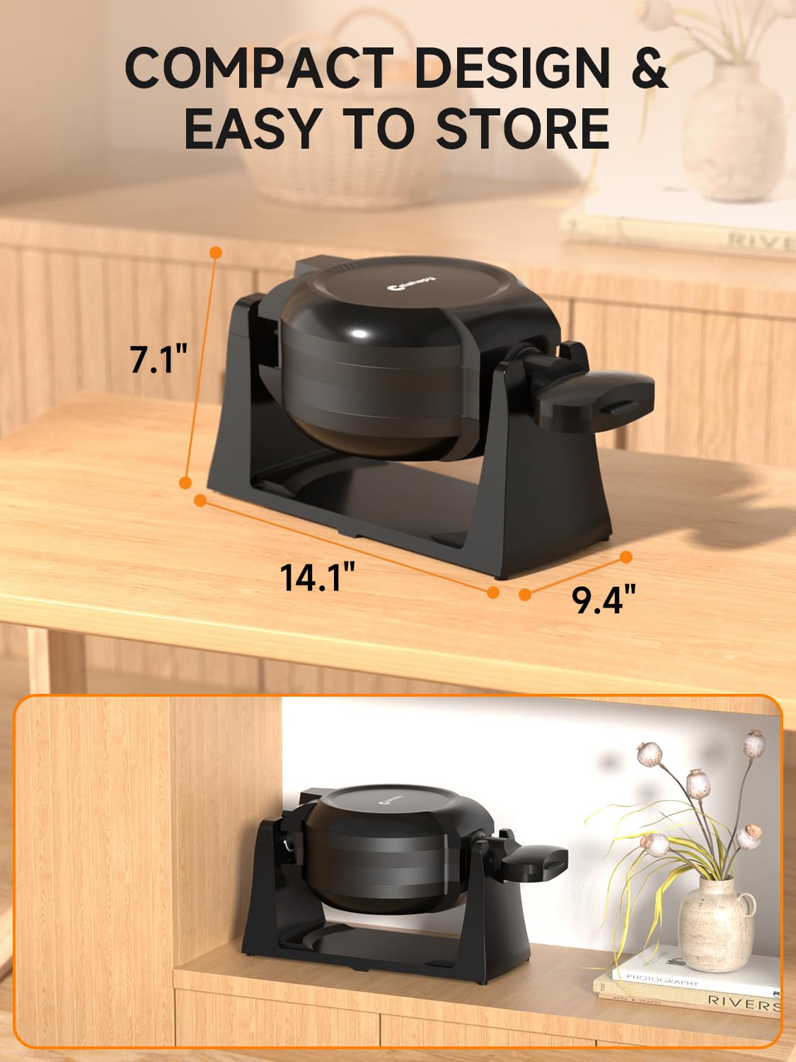 Waffle Maker, 1400W Double Belgian Waffle Iron 180° Flip, 8 Slices, Rotating & Nonstick Plates, Removable Drip Tray for Easy Cleaning, Cool Touch Handles, Space Saving Storage, Black