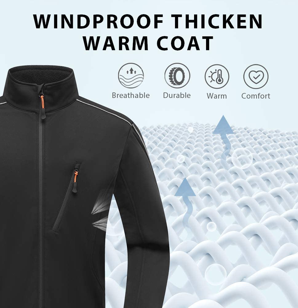 Wantdo Men's Winter Cycling Thermal Jacket Warm Soft Shell Windproof Running Jacket Waterproof Fleece Windbreaker Reflective