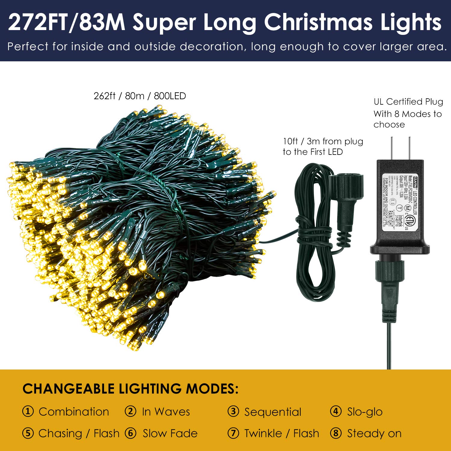 XUNXMAS Bright Christmas Lights Outdoor 800 LED Christmas String Lights, 327ft 8 Modes Timer Fairy Twinkle Tree Lights for Home, Party, Holiday, Indoor Xmas Decorations Warm White