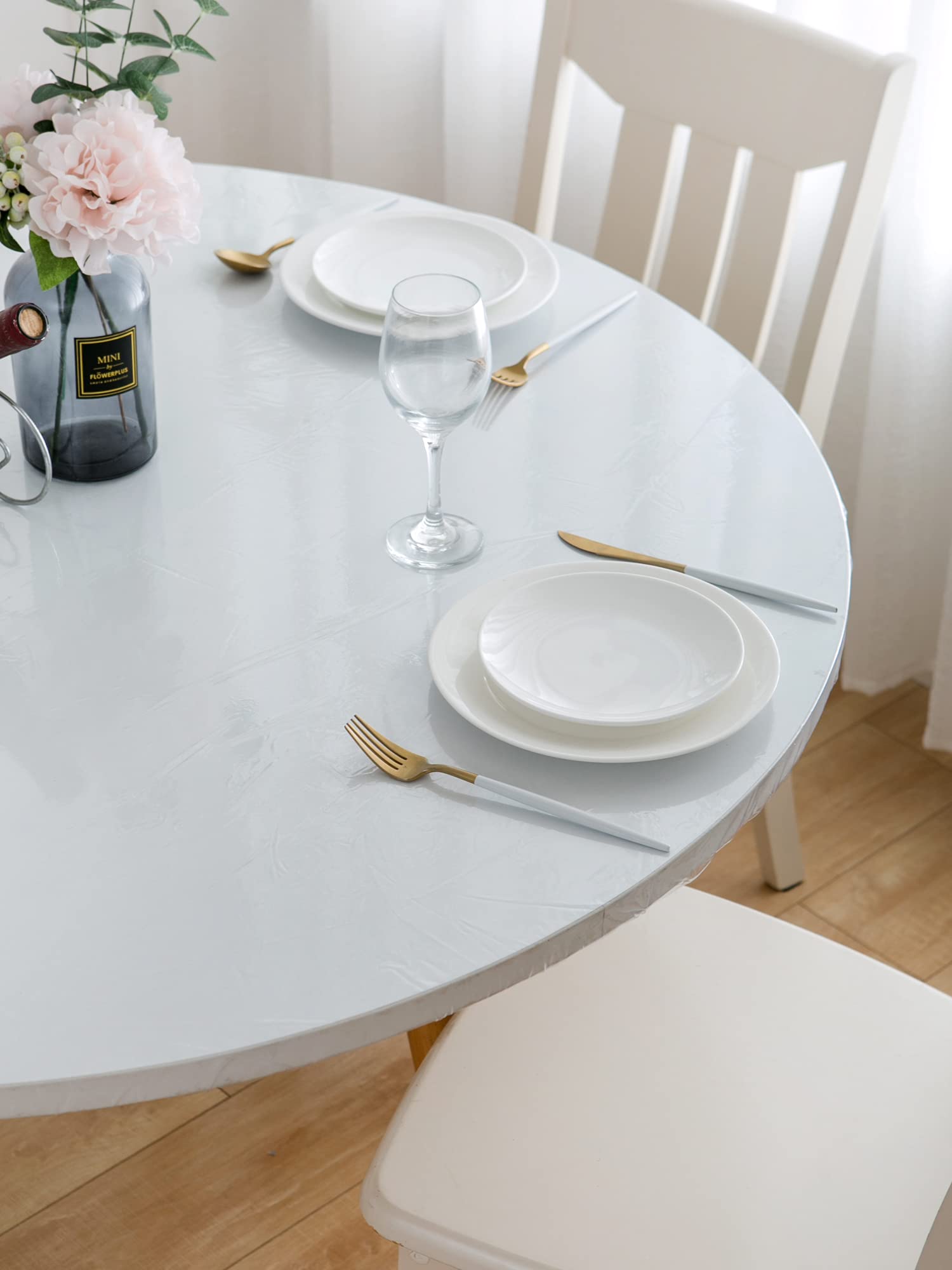 SSTYYXIA Flannel Backed Fitted Vinyl Tablecloth with Elastic Edge Waterproof Oil-Proof Stain Resistant PVC Round Table Cover for Kitchen (clear, 45~56 INCH round tight fit)