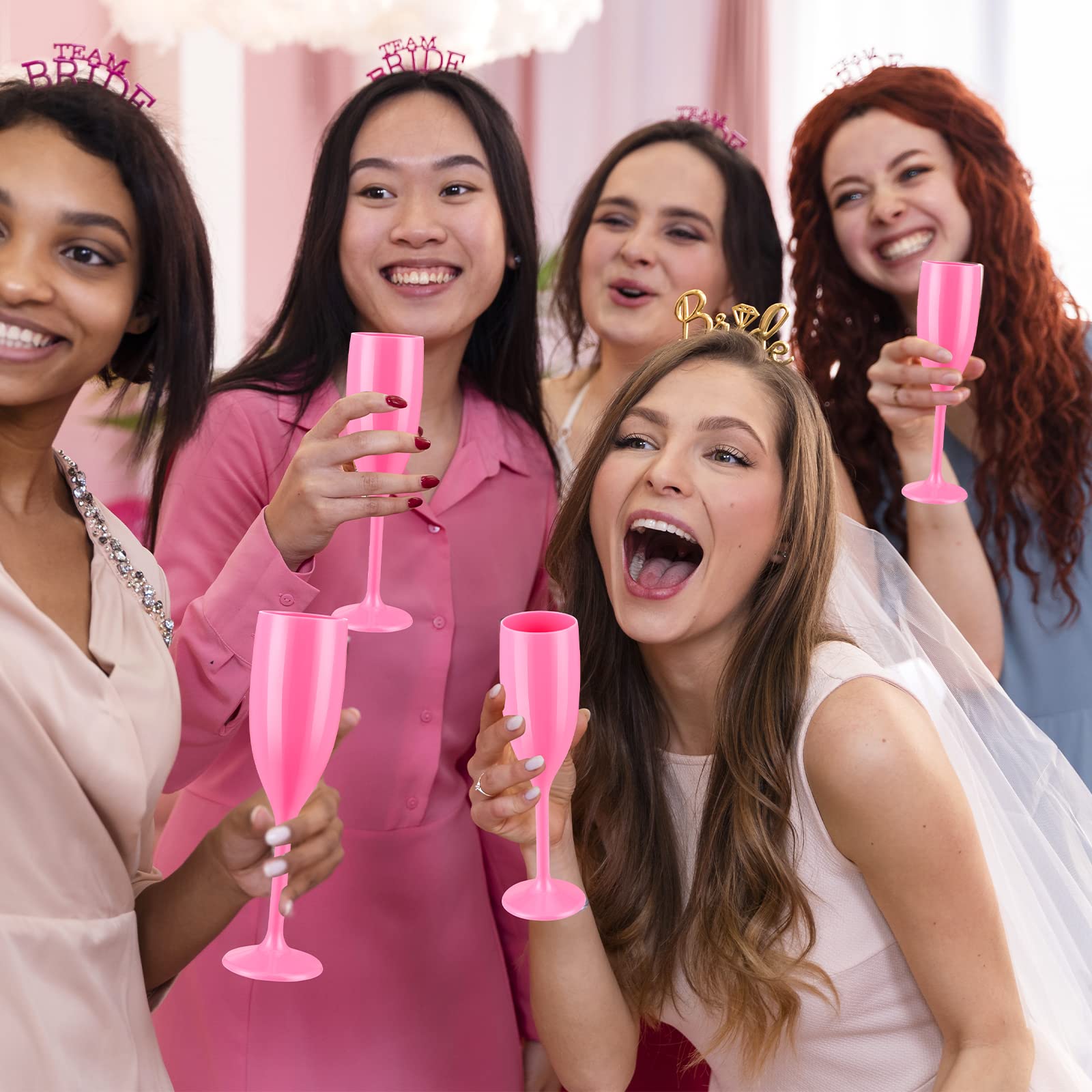 XUWAIDSGN Champagne Flute Acrylic Champagne Glasses Wedding Toasting Champagne Flute Goblet Plastic Reusable Unbreakable Champagne Cups for Bachelorette Wedding Bridal Shower Party (Pink, 24)