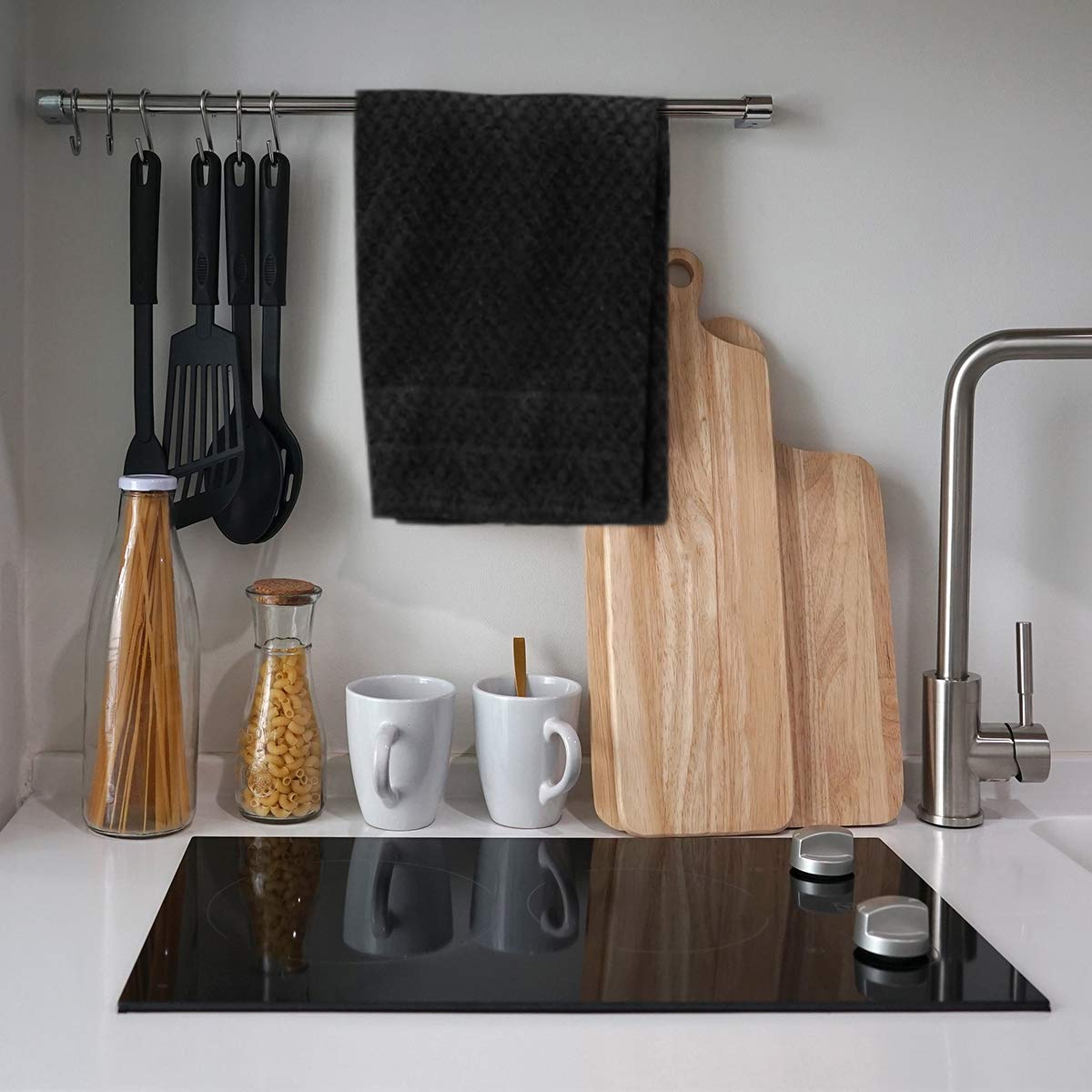 TALVANIA Kitchen Dish Towels, 100% Cotton Dish Cloths Dobby Weave, 12 Pack Soft and Absorbent Multipurpose Terry Towel Set, Hand Towel, Cleaning Cloth 15” X 25” Machine Washable Black