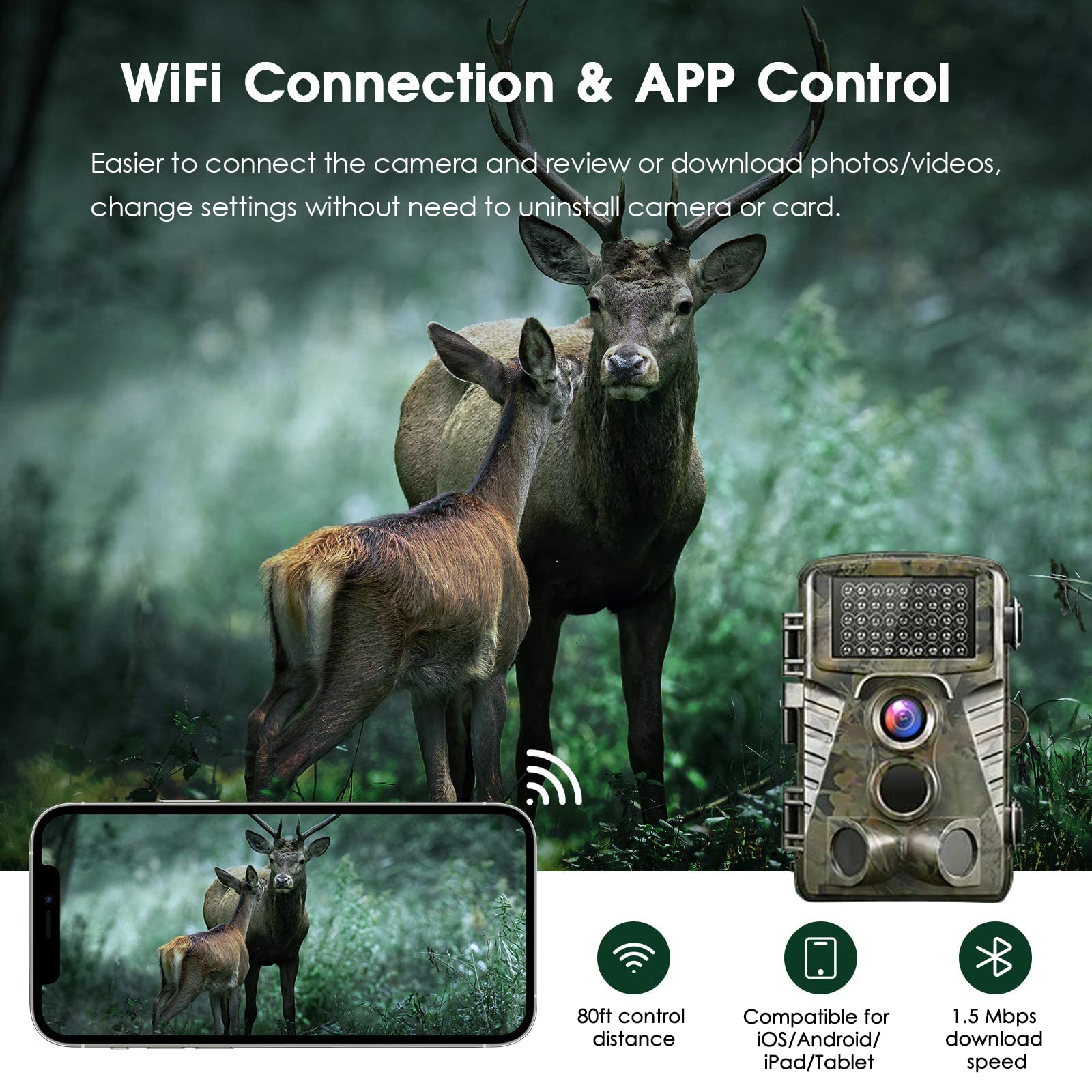 WiFi Trail Camera 4K 32MP Bluetooth Game Camera Phone Hunting Camera with Night Vision 0.2s Activated 120° Detection IP66 Waterproof for Wildlife Deer Scouting Monitoring