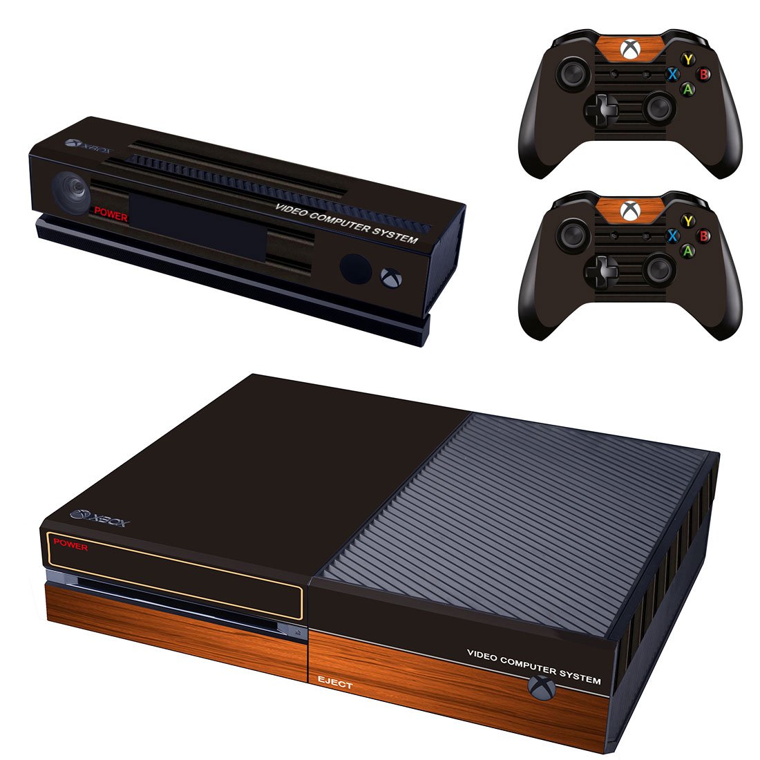 REYTID Console Skin/Sticker + 2 x Controller Decals & Kinect Wrap Compatible with Microsoft Xbox One - Full Set - Black Light Wood Effect