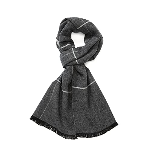 Tonten Men's Winter Classic 100% Australian Wool Scarf Warm Checked Lightweight Knitted Striped Scarves with Gift Box (Gray)