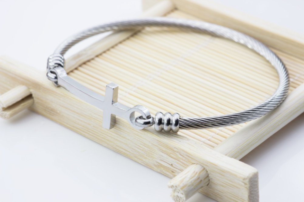 WDSHOW Sideways Cross Bracelet Cuff Bangle Stainless Steel Silver-Tone