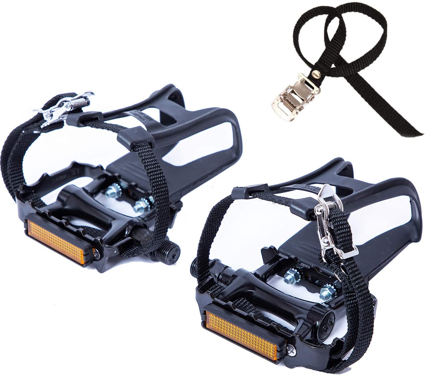 YBEKI Bike Pedals with Clips and Straps, for Exercise Bike, Spin Bike and Outdoor Bicycles, 9/16-Inch Spindle Resin/Alloy Bicycle Pedals, Half Year Warranty (Black)