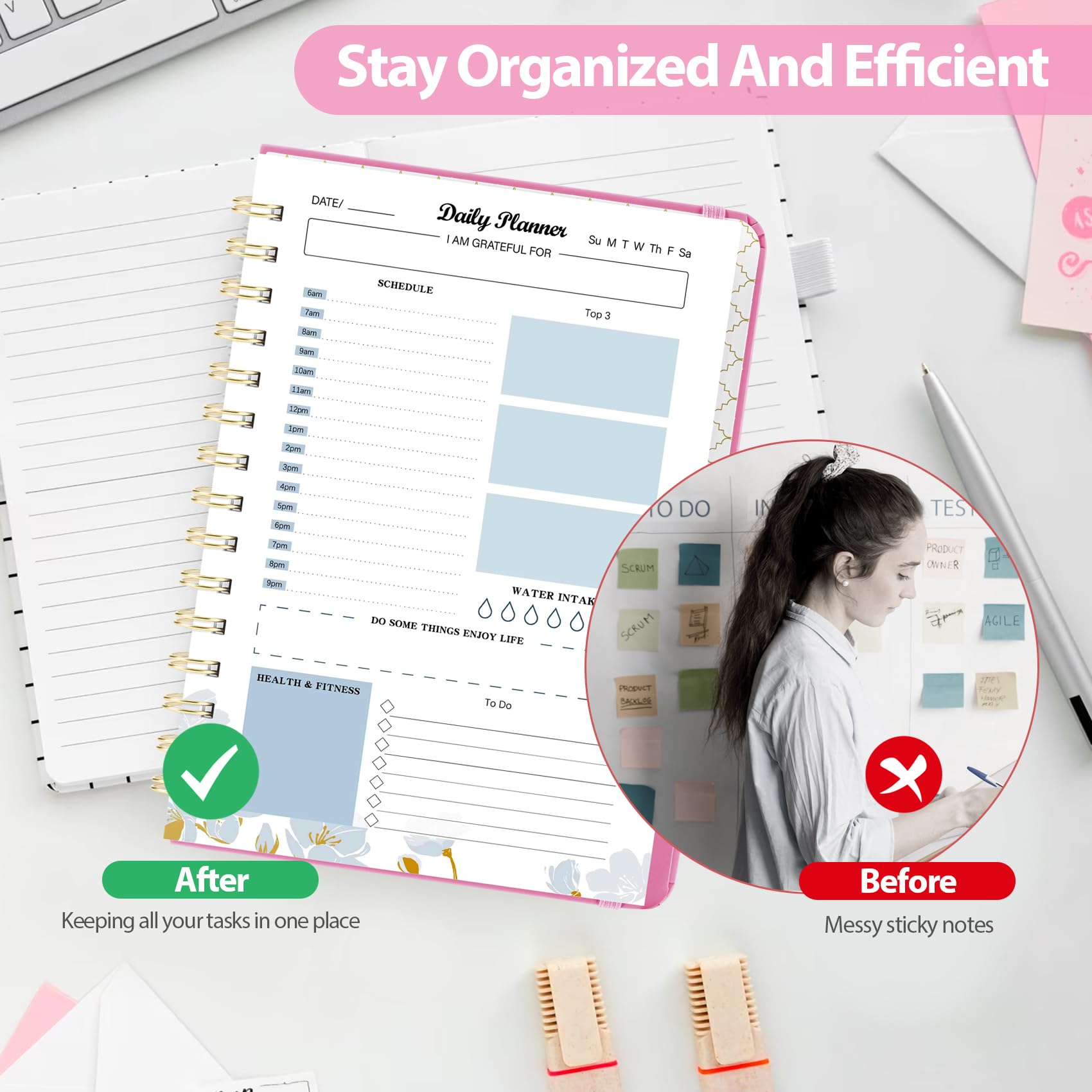 Siltamu Daily Planner Undated 6.1″ x 8.5″,To Do List Notebook with Hourly Schedule,Meal Planning and Spiral Appointment Organizers for Men and Women with Pocket and Pen Loop - Pink