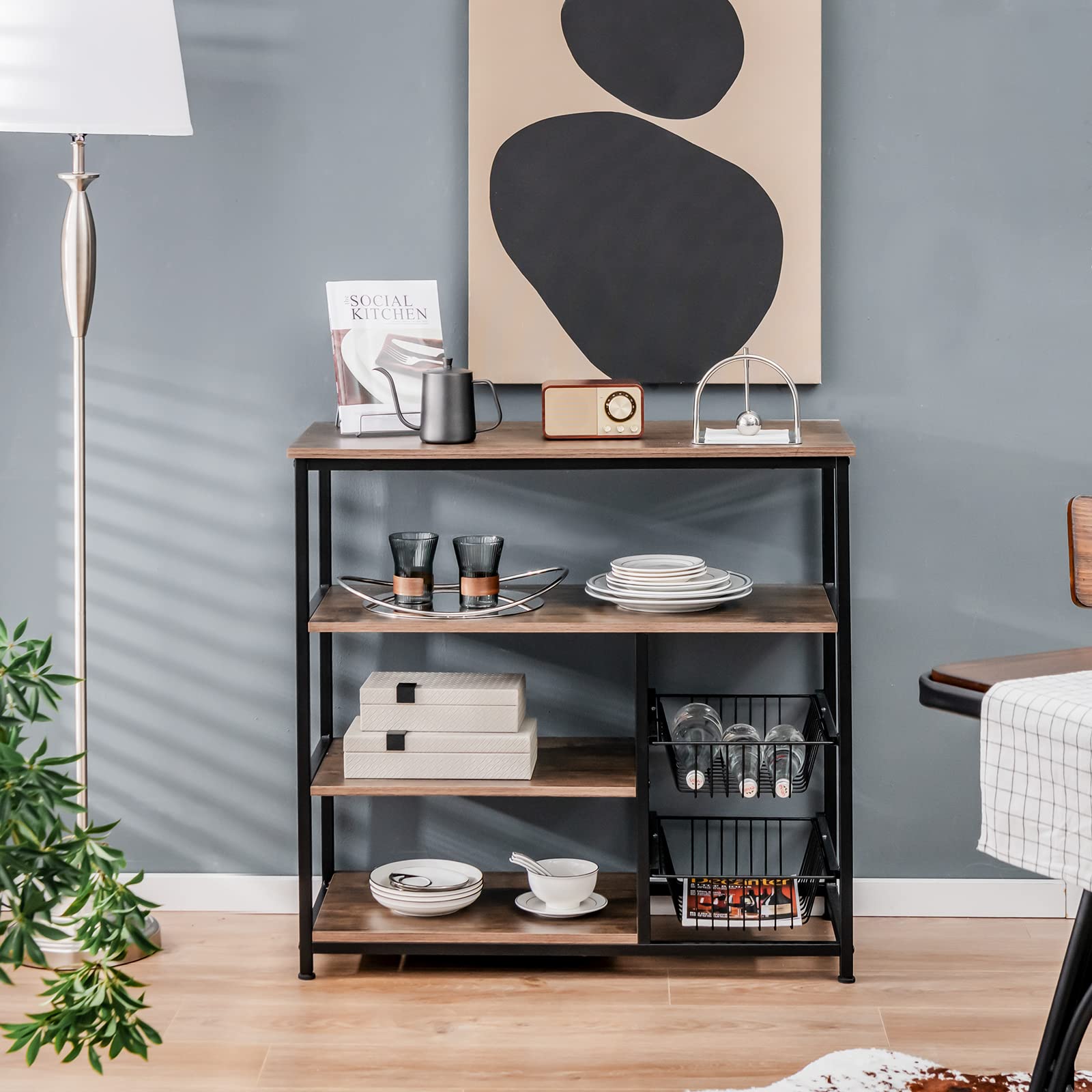 Tangkula 4-Tier Kitchen Baker's Rack, Industrial Microwave Oven Stand with Sliding Wire Basket, Water-Proof Surface, Utility Storage Shelf Organizer, Coffee Bar Cart for Living Room, Pantry