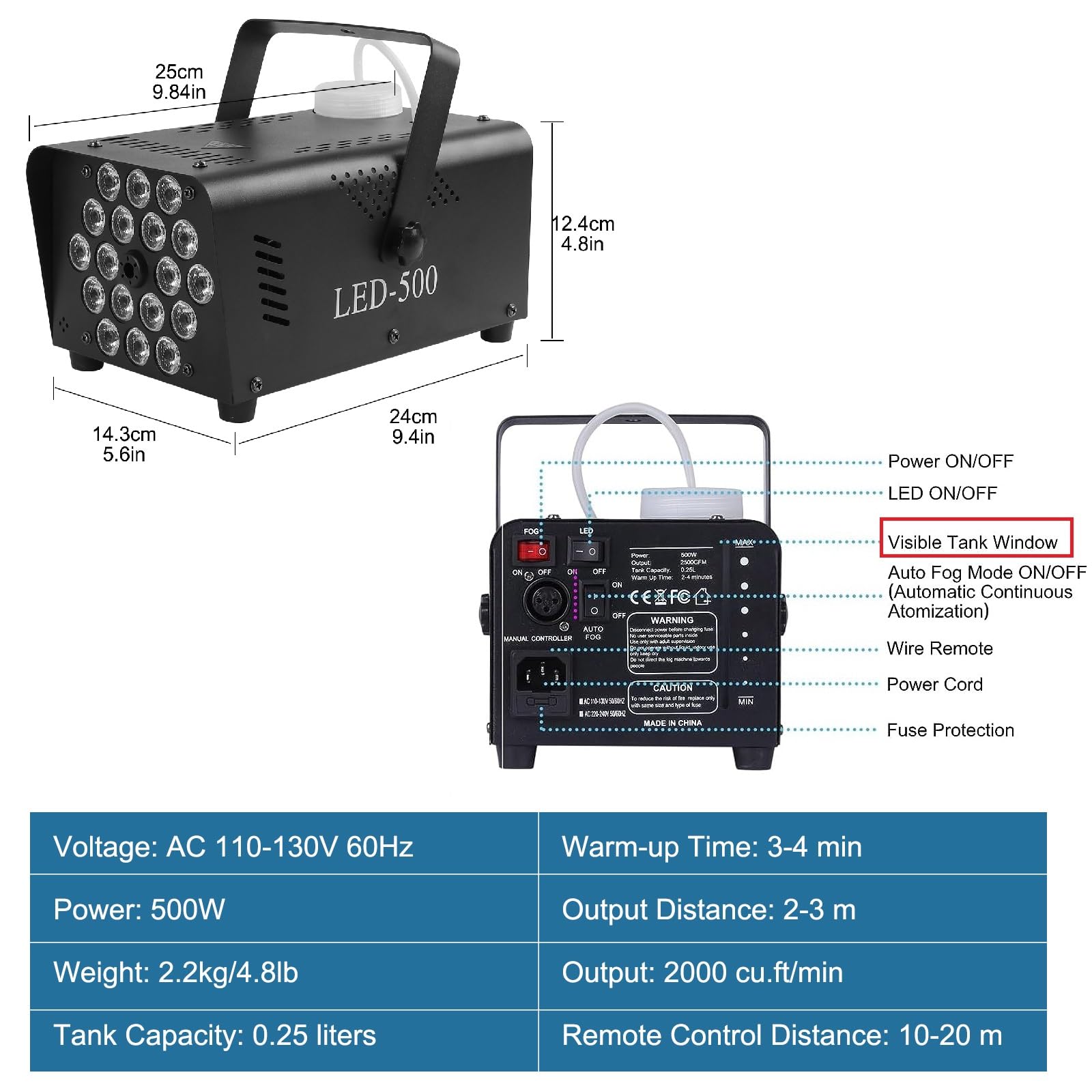 upstartech 500W Fog Machine with 13 Colorful Lights Effect and18 LED light, Portable Smoke Machine 2000CFM Fog with 2 Wireless Remote Control, Automatic Outdoor Fog Machine Parties Wedding Halloween