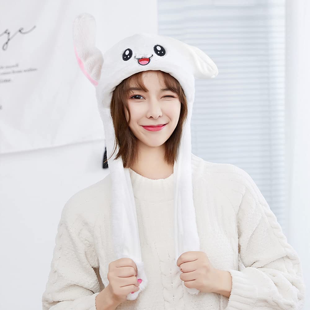 Rabbit Hat The Ears pop up After Pressing The Claws Hat Funny Bunny Cap for Girls,Christmas Party Holiday (White)