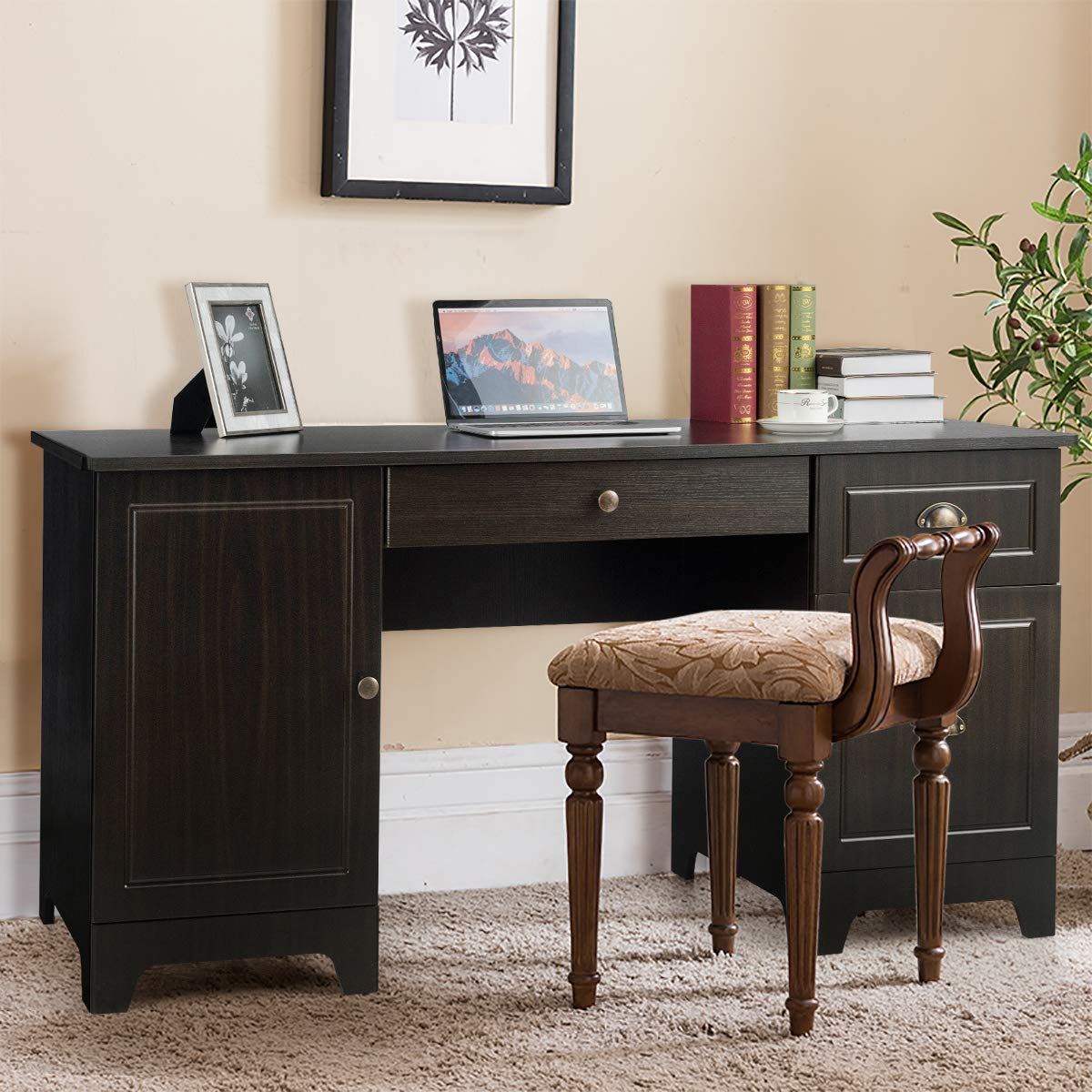 Tangkula Computer Desk with Drawers & Cabinet, Wooden Executive Desk Home Office Desk, Writing Study Desk Computer Workstation, PC Laptop Desk for Bedroom & Office (Brown)