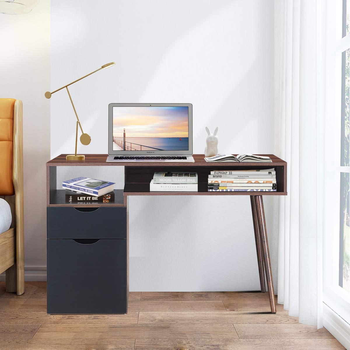 Tangkula Computer Desk with Drawers, Multipurpose Home Office Desk Writing Desk with Spacious Desktop & Storage Shelf, Computer Table Workstation, Desk for Bedroom Home Office (Brown)