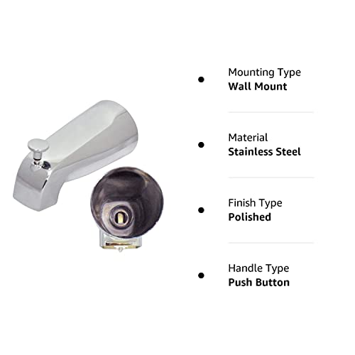 Tub Spout with Front Diverter, 1/2 inch IPS Female Front End Thread, 5-1/4 inch Overall Length, for 4 inch to 4-3/8 inch Length Galvanized Pipe Nipple, Polished Chrome Finish