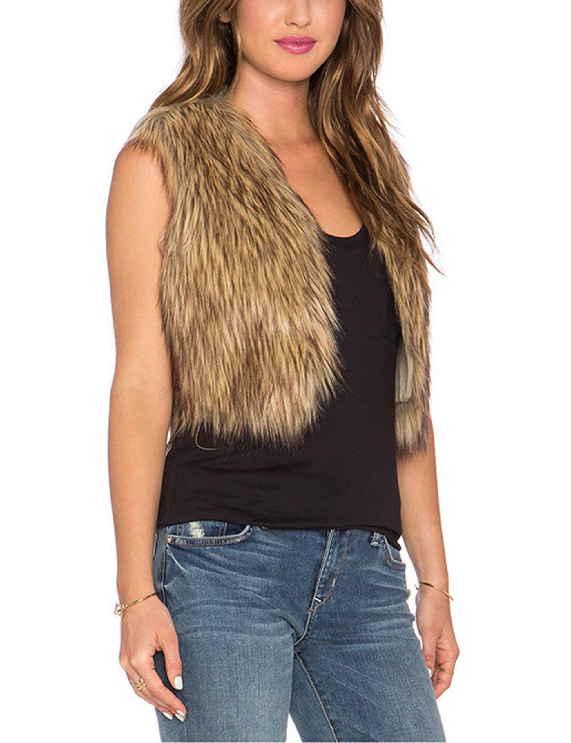 Tanming Women's Sleeveless Open Front Fluffy Short Faux Fur Vests Waistcoats (Grey-XS)