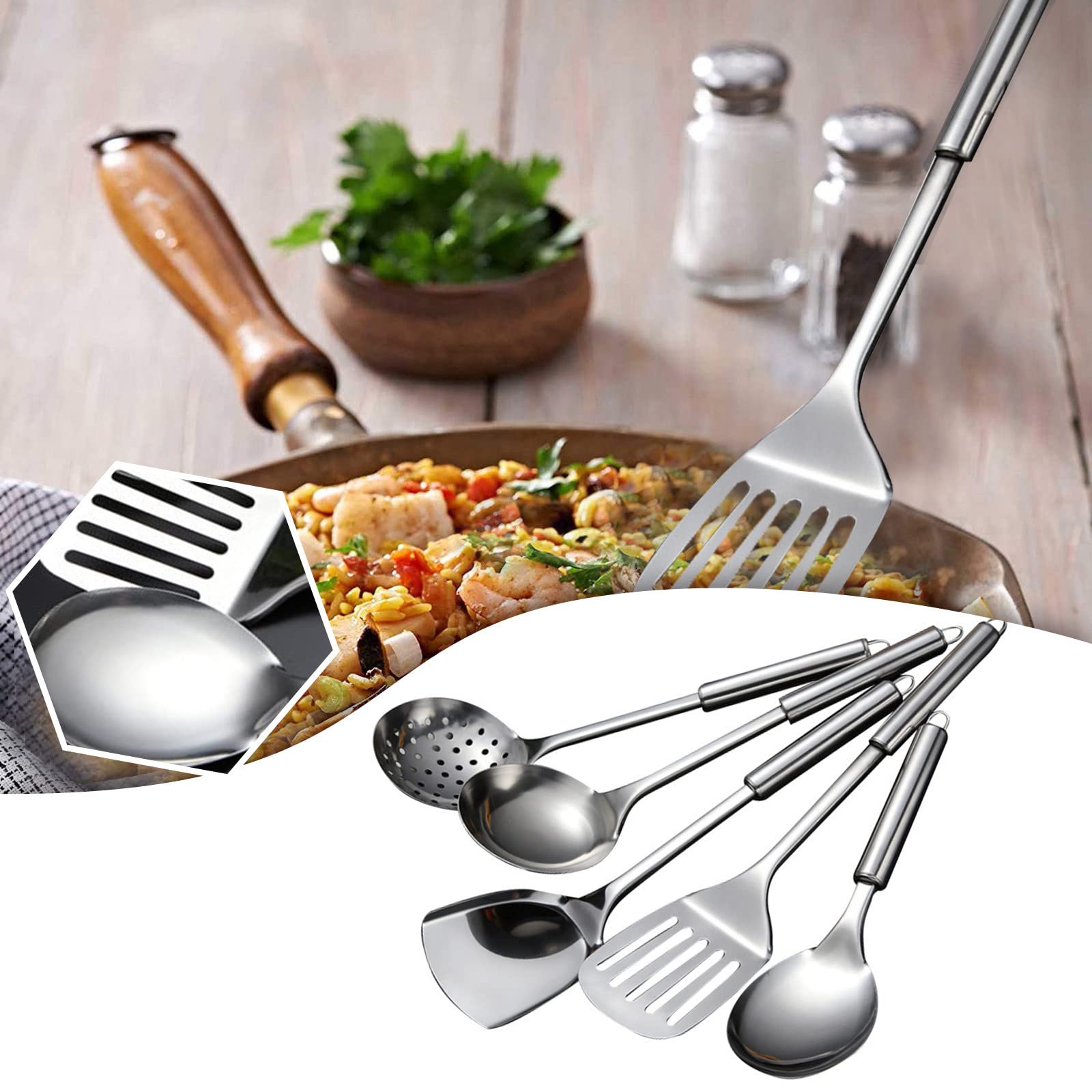 Stainless Steel Kitchen Utensils Set 5 Pcs All Metal Cooking Tools with Solid Spoon, Wok Spatula, Slotted Spatula, Soup , Spoon, Spaghetti Server
