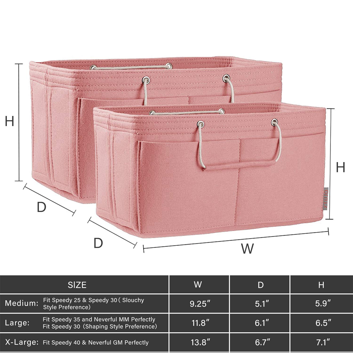 ZTUJO Purse Organizer, Multi-Pocket Felt Handbag Organizer, Purse Organizer Insert with Handles, Medium, Large, X-Large (Slender Medium,Brush Pink)