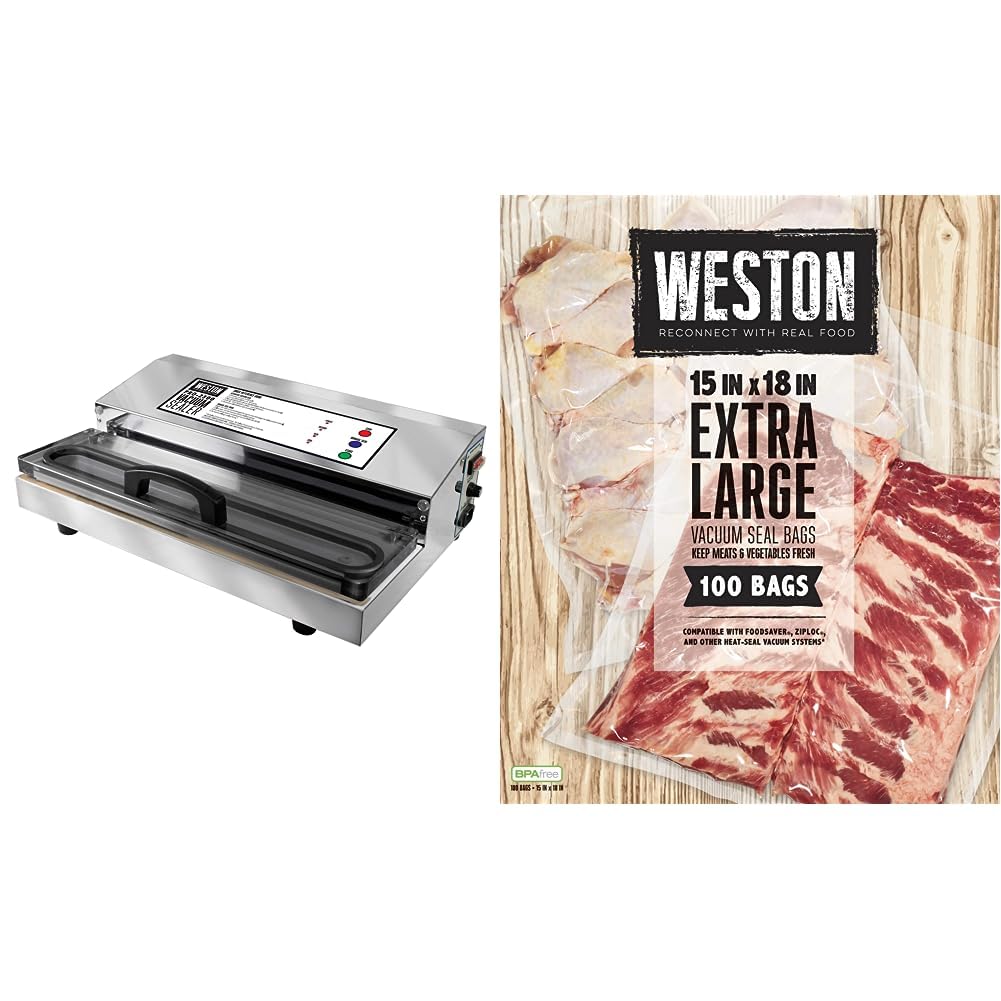 Weston Brands Vacuum Sealer Machine + Weston Vacuum Sealer Bags (15" x 18", 100 Count)