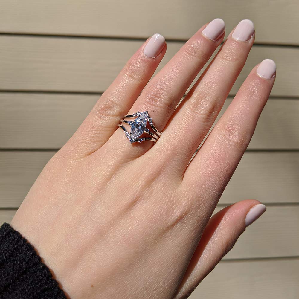 TwoBirch 925 Silver Marquise Three Ring Bridal Set with Three Stone Marquise Engagement Ring and Two Matching Chevron Contour Bands (925 Silver, Size 8)