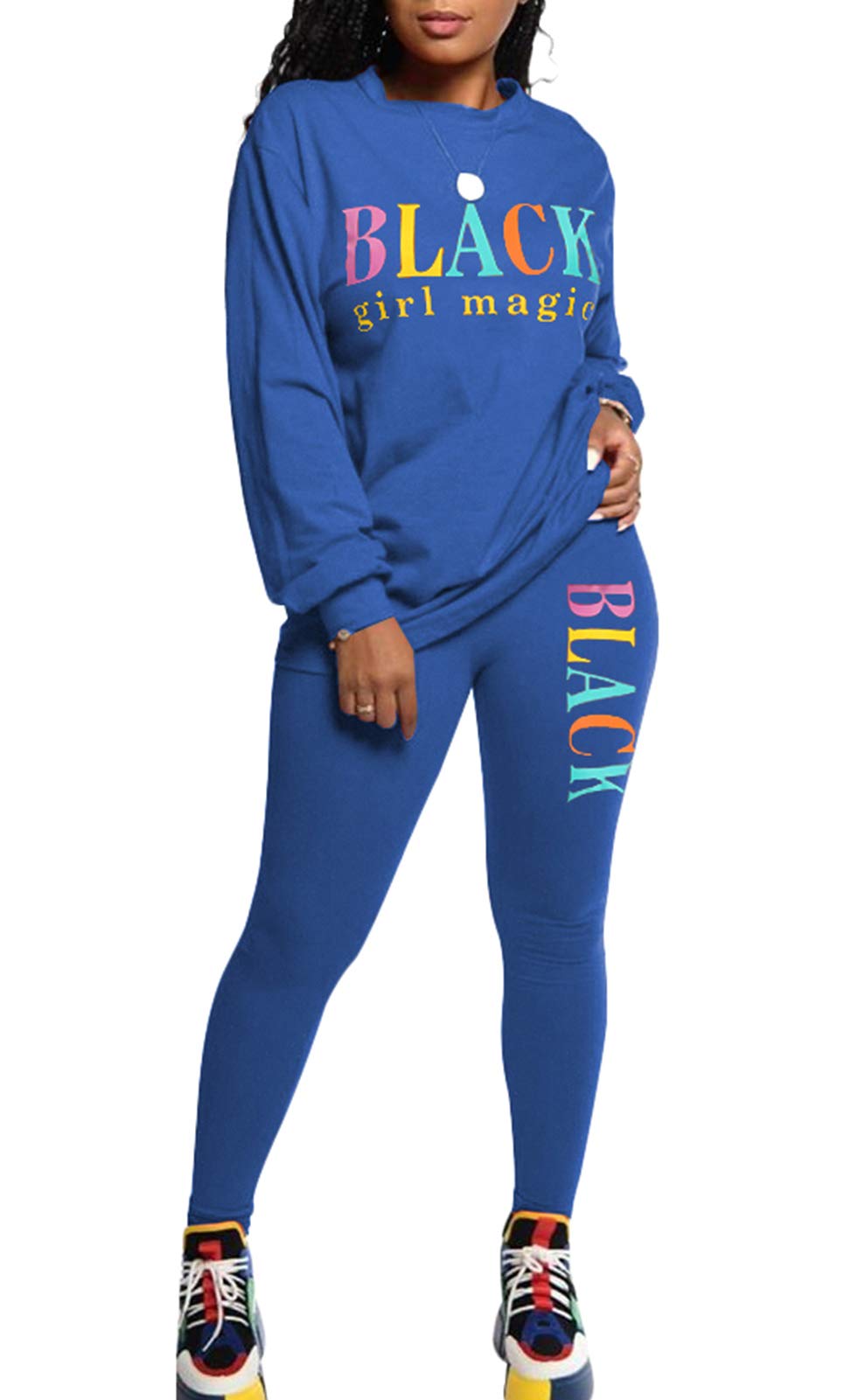 Wuitrie Women's 2 Piece Tracksuit Long Sleeve Pullover Letter print Top and Long Pant Outfits