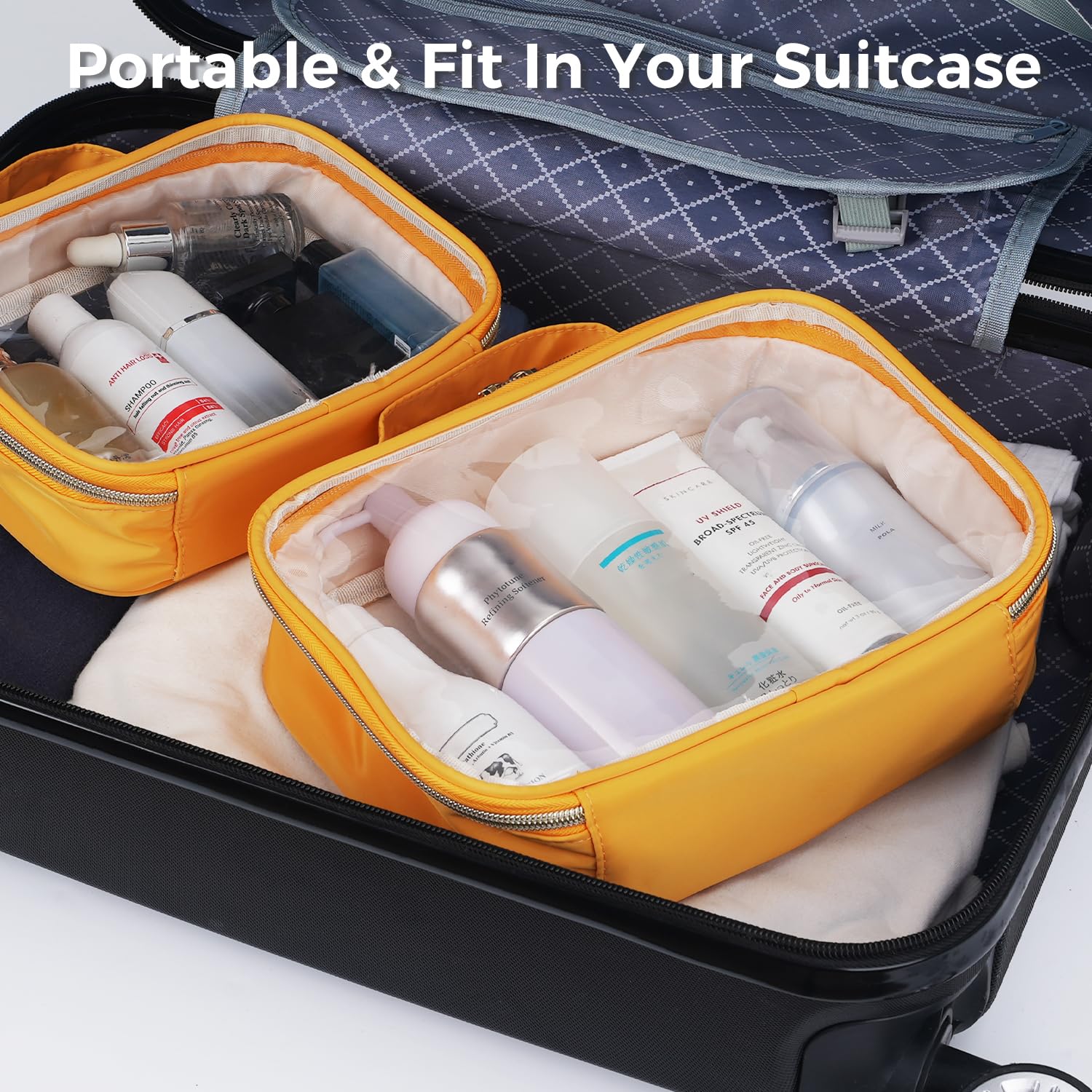 WANDF TSA Approved Toiletry Bag Large Opening 2 Pack Clear Makeup Bag with Handle Carry-on Travel Accessories Quart Size Toiletries Cosmetic Pouch for Women (Orange)