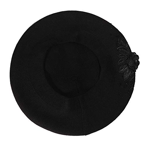 ZLYC Womens French Beret hat, Reversible Solid Color Cashmere Mosaic Warm Beret Cap for Girls (Flower Black)