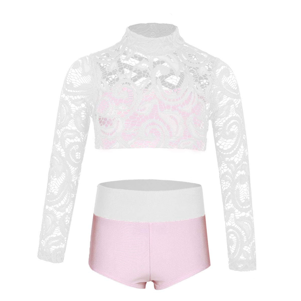 Yeahdor Girls Kids 2 Pieces Athletic Dance Outfits Long Sleeve Top with High Waisted Shorts for Dancing Workout Gymnastics White &Pink 7-8