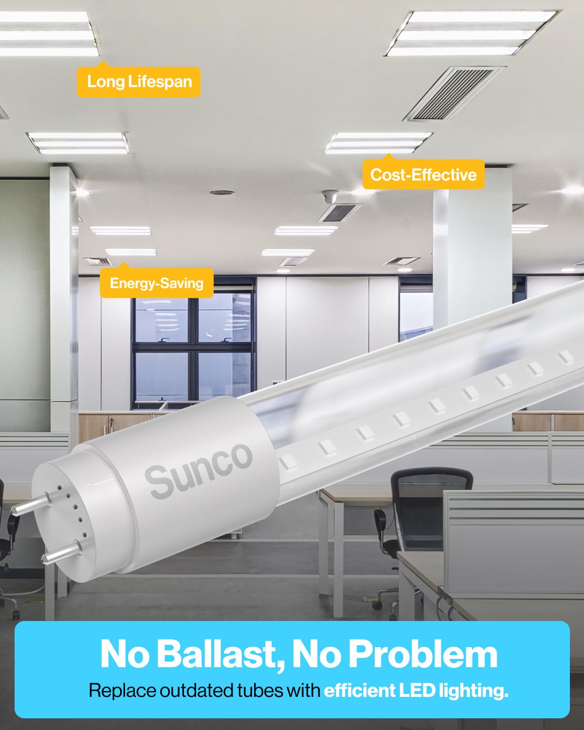 Sunco 30 Pack T8 LED 4FT Tube Light Bulbs Ballast Bypass Fluorescent Replacement, 5000K Daylight, 15W, Clear Cover, Retrofit, Single Ended Power (SEP), Commercial Grade UL
