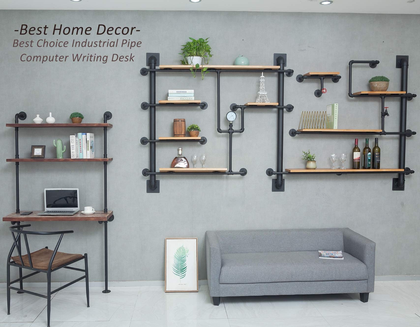 WAKI HOME Industrial Wall Laptop Desk Solid Wood Computer Desk Bookcases Storage Table with Shelves Wall Shelf Bookshelf Floating Shelves for Home Office