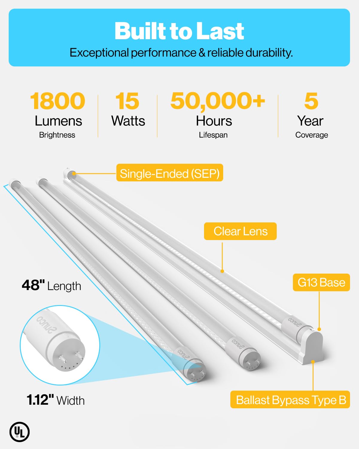 Sunco 30 Pack T8 LED 4FT Tube Light Bulbs Ballast Bypass Fluorescent Replacement, 5000K Daylight, 15W, Clear Cover, Retrofit, Single Ended Power (SEP), Commercial Grade UL