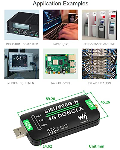 SIM7600G-H 4G DONGLE with Antenna,USB/UART Communication,Support 2G/3G/4G Connectiona GNSS Positioning up to 150Mbps Downlink for Raspberry Pi/Laptop/PC/Drone/Industrial Computer