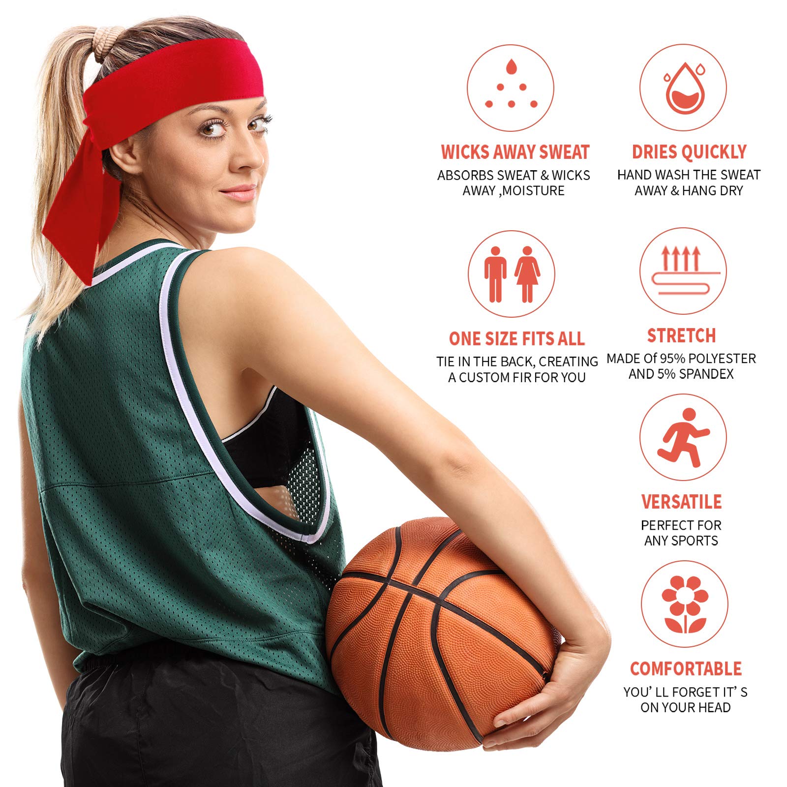WILLBOND 12 Pieces Tennis Tie Headband, Dry Head Tie Sport Tie Back Headband for Basketball, Running, Karate, Athletics (Red, Unisex)