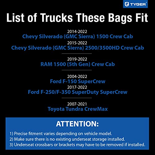 Tyger Rear Underseat Cargo Storage Bags Organizer Large & Small Size Combo (5.5 & 13 Gallons) Compatible with Ford, Chevy, Ram and Toyota Crew Cab Full Size Pickup Trucks | TG-CB3U2218